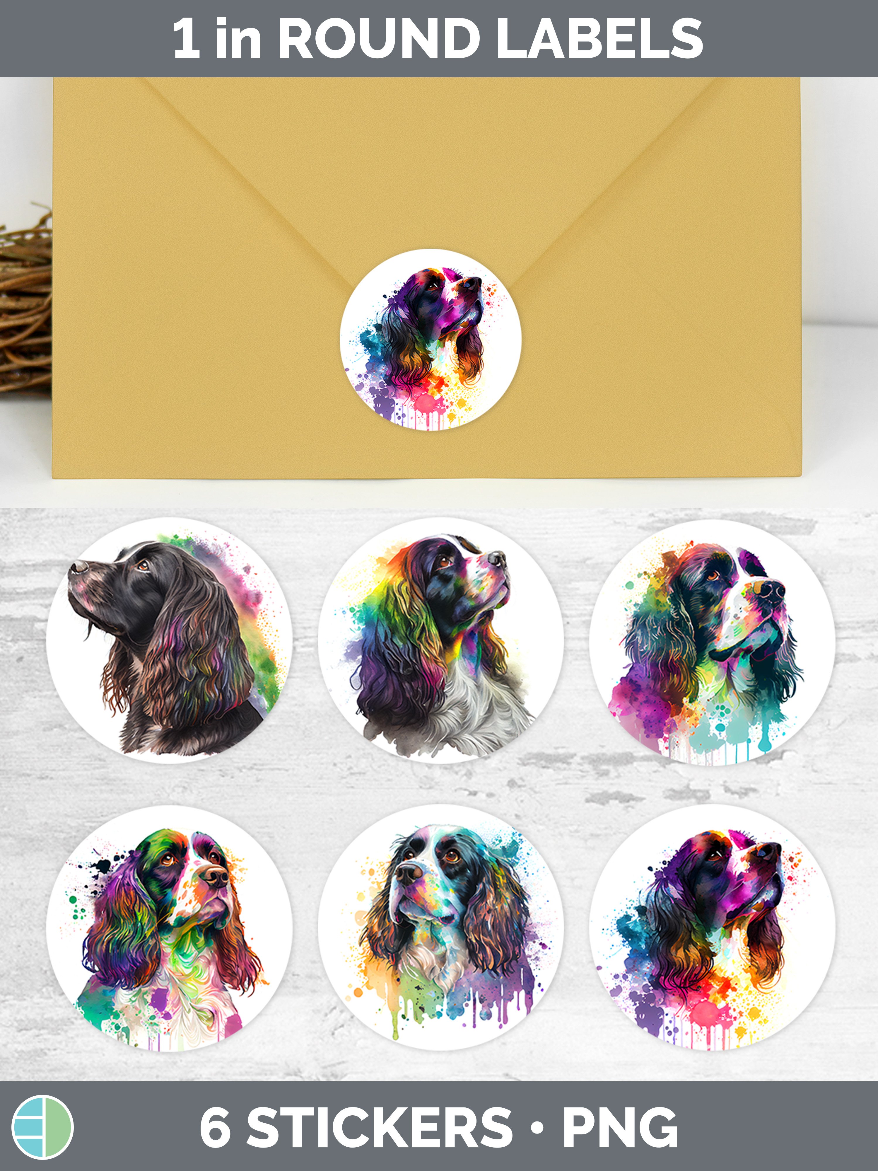Rainbow Spaniel Dog Stickers | Round Labels Designs Bundle