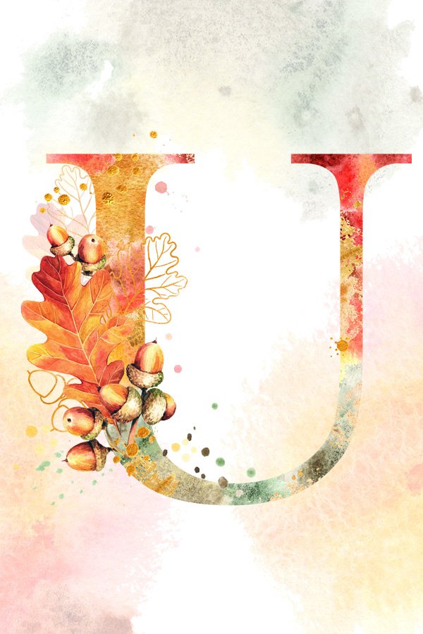 Fall Watercolor Letter, Monogram U clipart JPG PNG