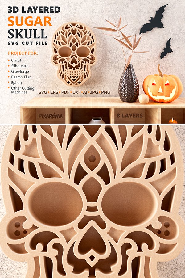 Sugar Skull 3D Layered | Decorative Skull Cut File
