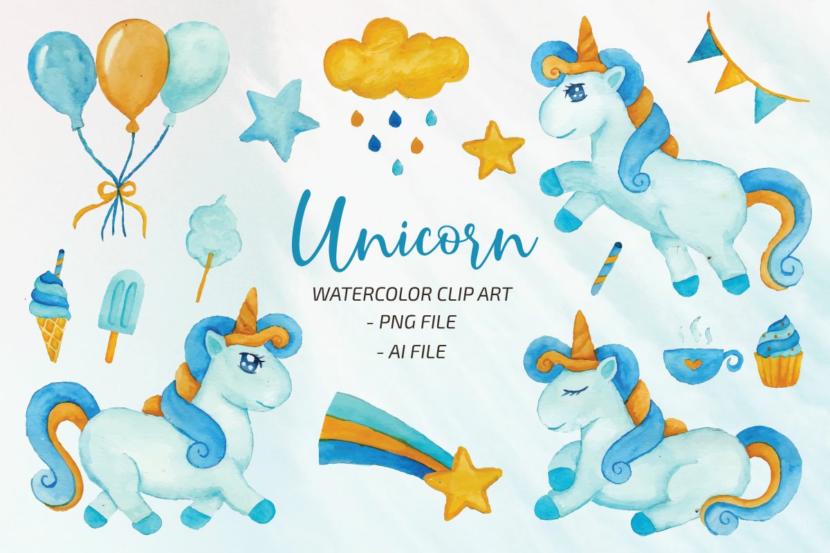 Unicorn Watercolor Clip Art Set PNG Vol3
