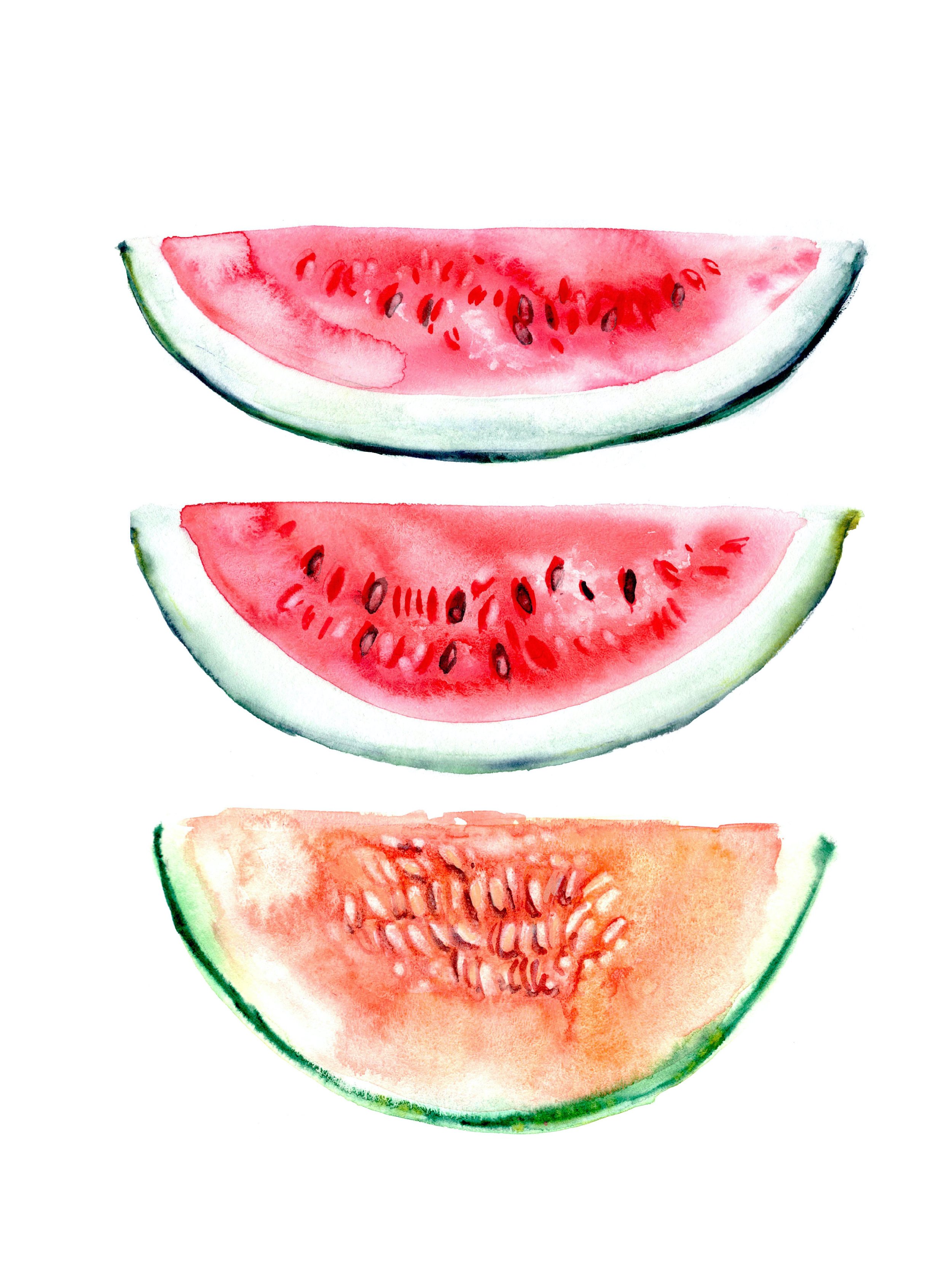 Watercolor summer fruit cards with watermelon and melon cuts