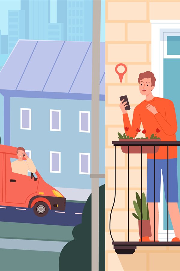 Man wait delivery. Fast safe service, food goods bring. Deli