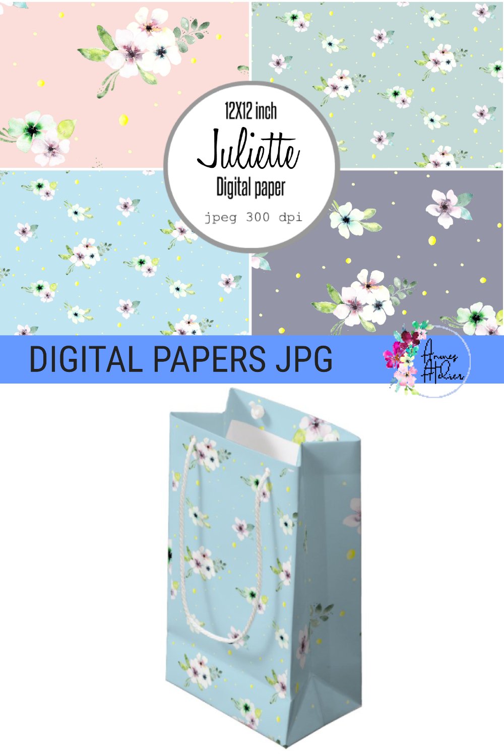 Digital Paper Backgrounds white flowers and pastel