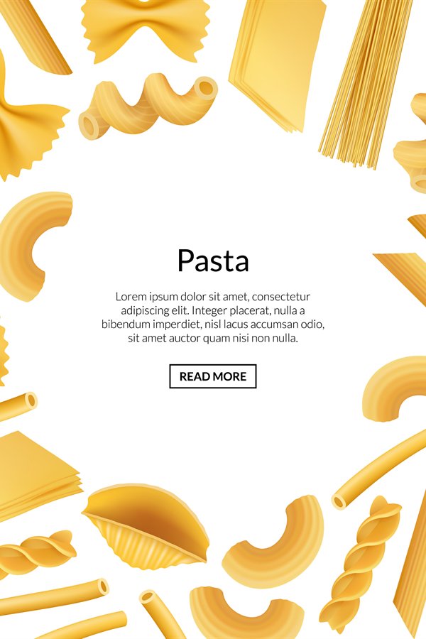 Vector realistic pasta types background banner illustration
