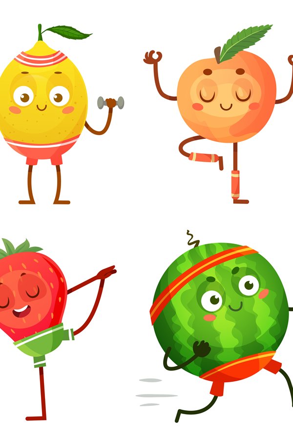 Fruit characters yoga. Fruits in fitness exercises poses, we