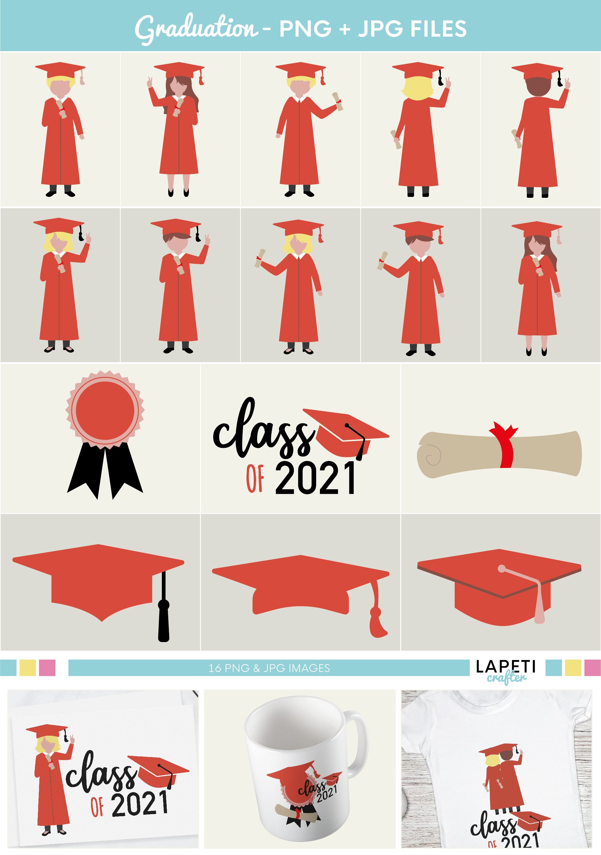 Red graduates clipart in png and jpg format |Class of 2021