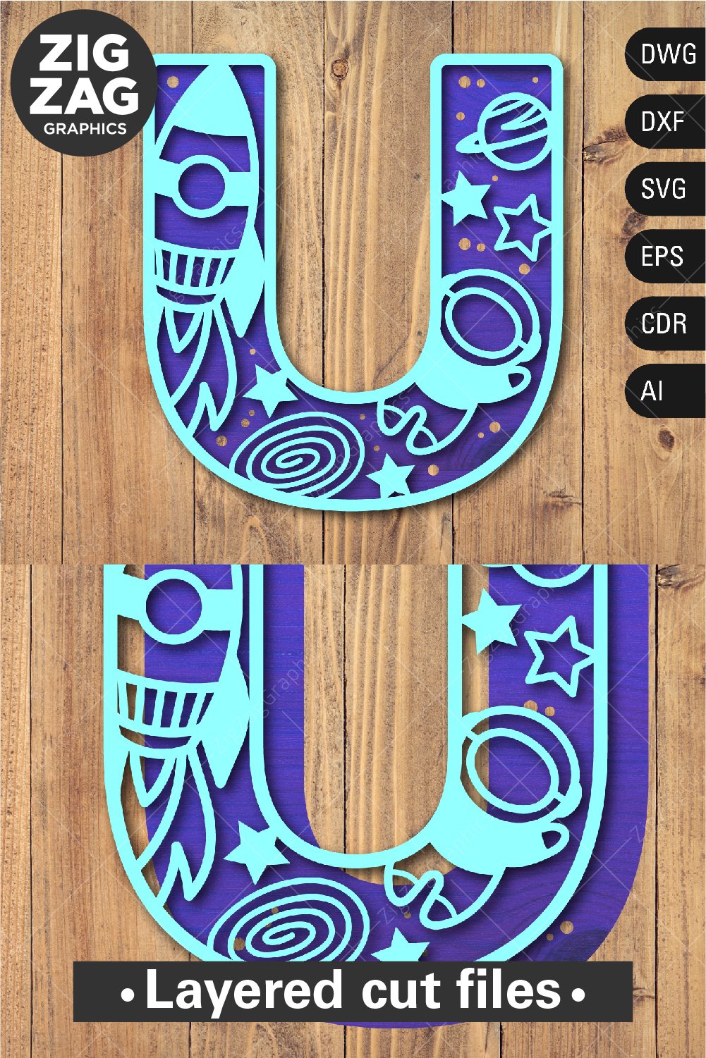 layered kids letter U with space rocket astronaut and stars