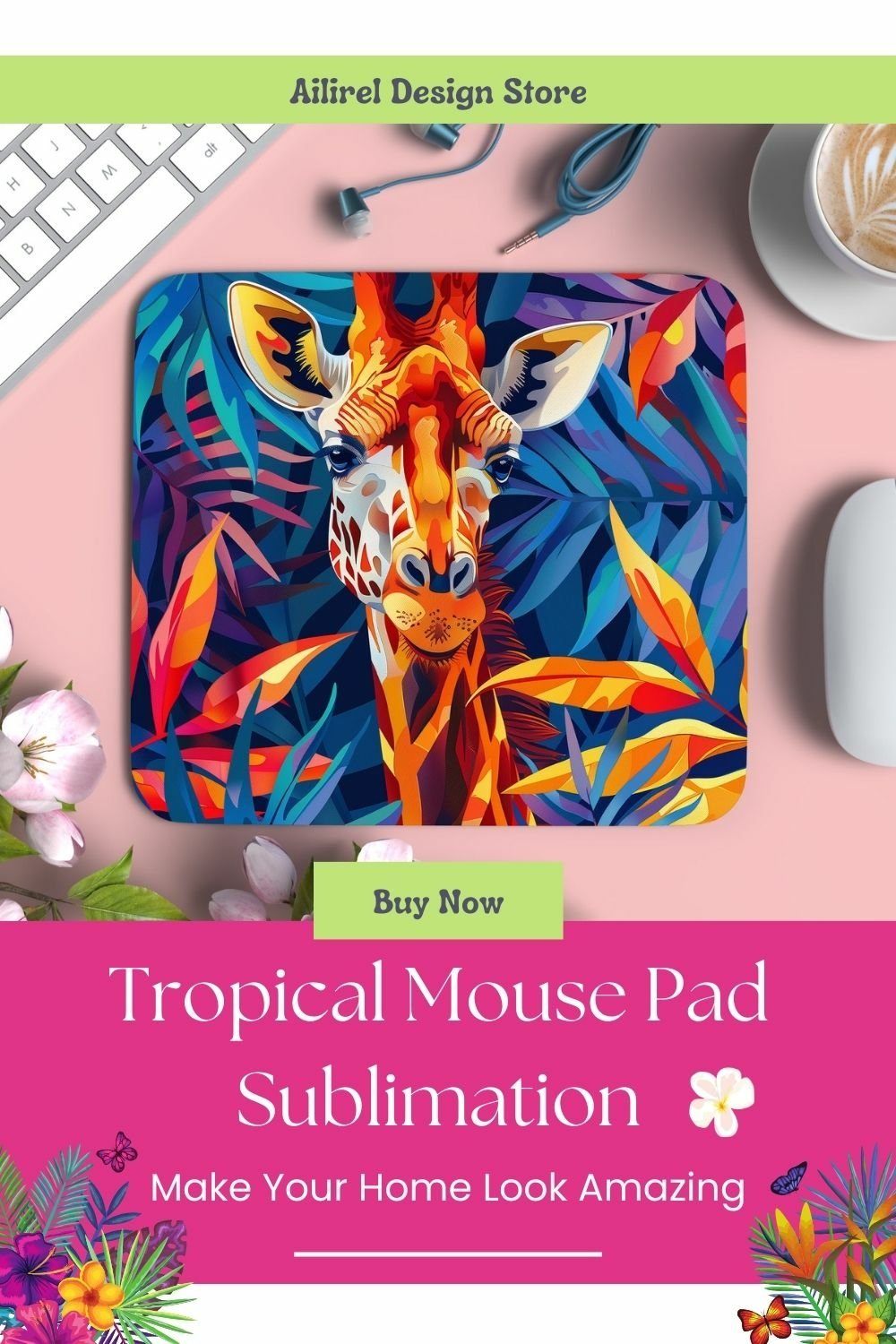 Giraffe Mouse Pad Wrap, Neon Tropical Mouse Pad (3605945)