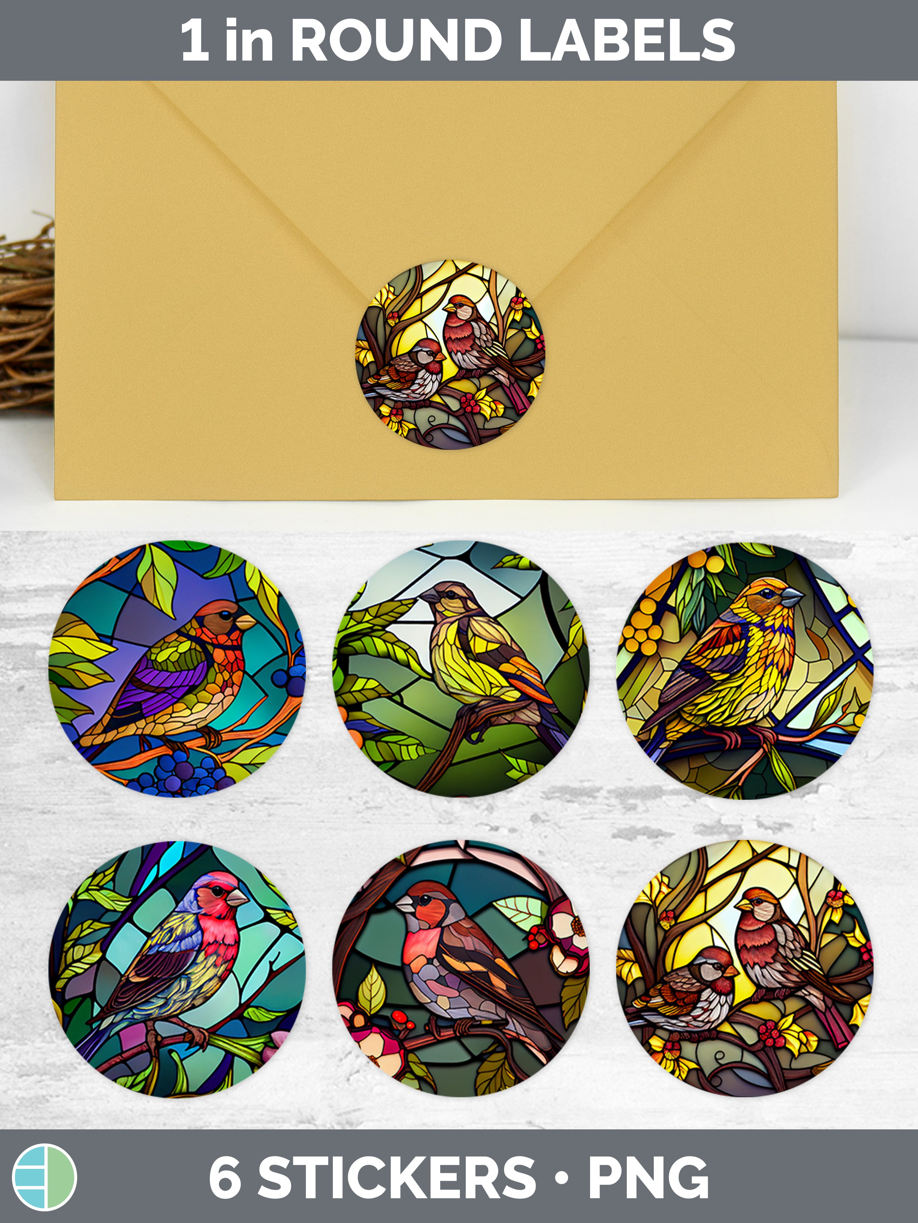 Stained Glass Finch Bird Stickers | Round Labels Designs Bun