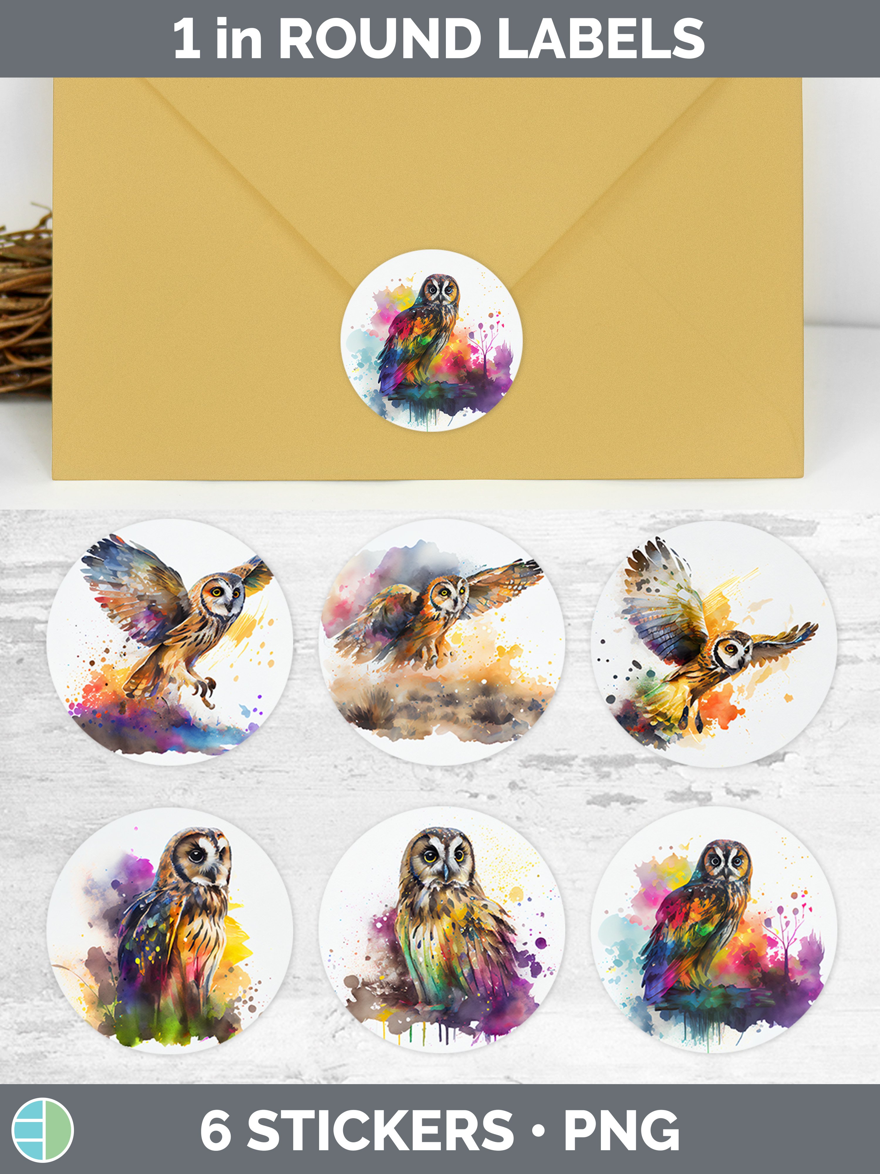 Rainbow Snowy Owl Stickers | Round Labels Designs Bundle