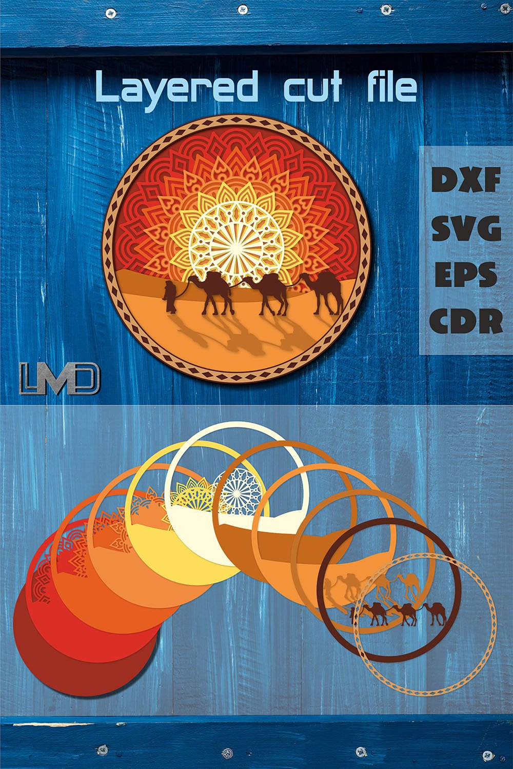 Desert sunset 3d mandala svg, Layered sunset svg Camel svg