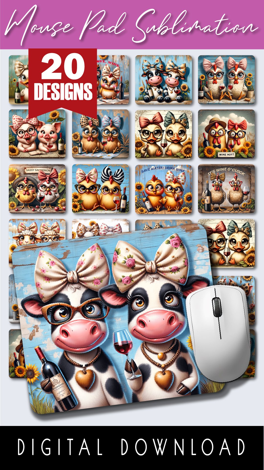 Funny Animals With Wine Mouse Pad Bundle Sublimation Designs