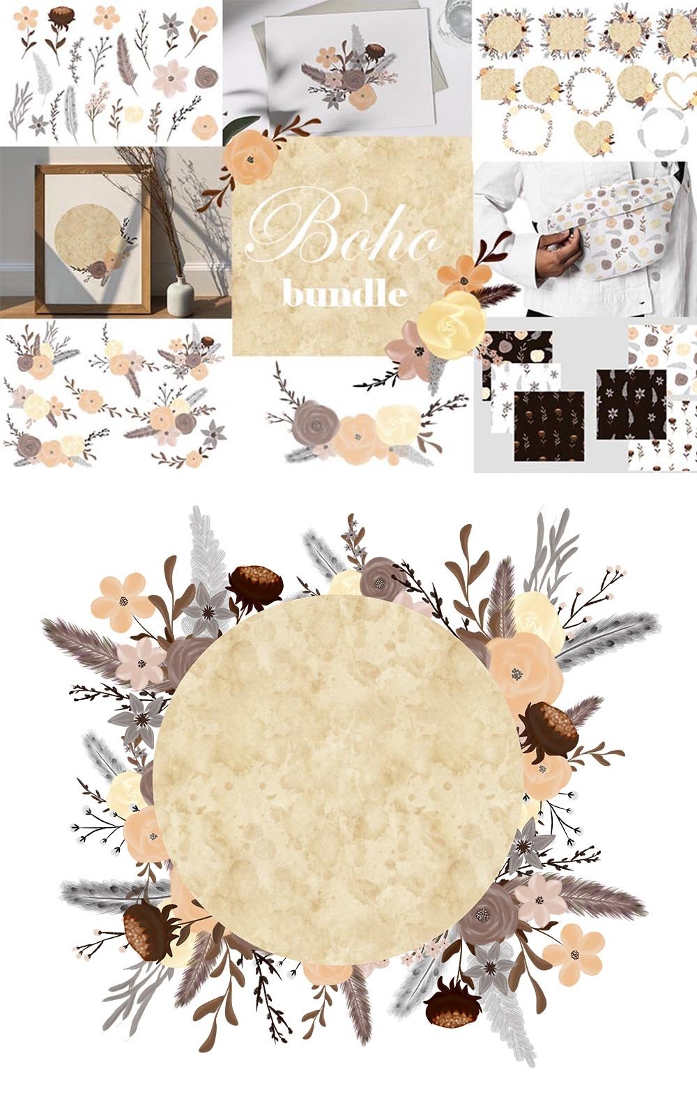 Flower Flowers Boho Bundle, PNG set. Watercolor clipart.