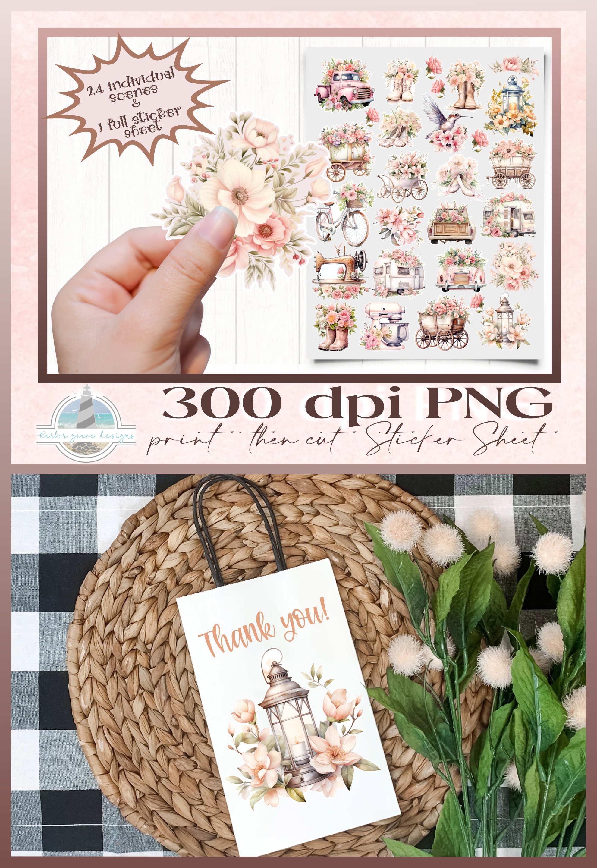 Pink and Beige Vintage Floral Sticker Set - Flower Stickers