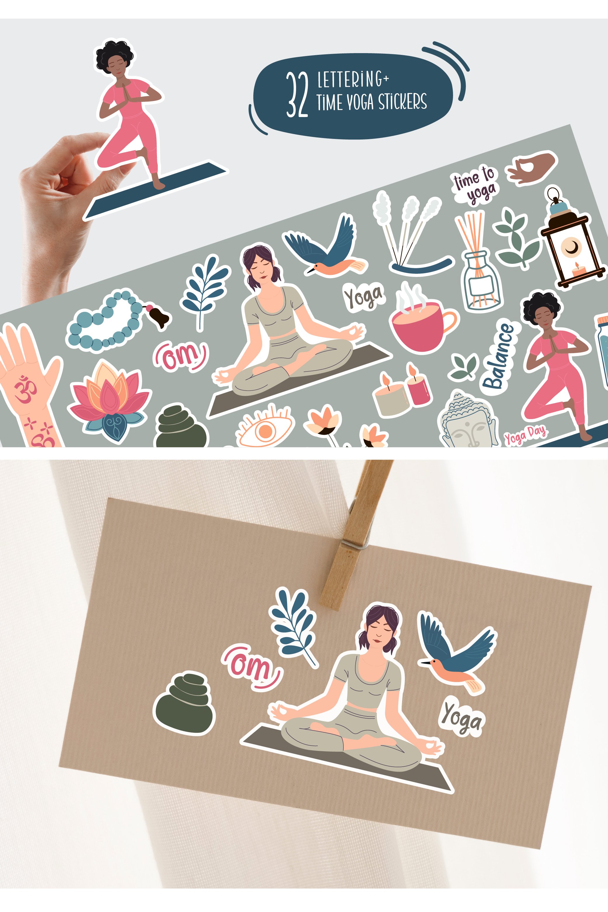32 yoga stickers in flat style