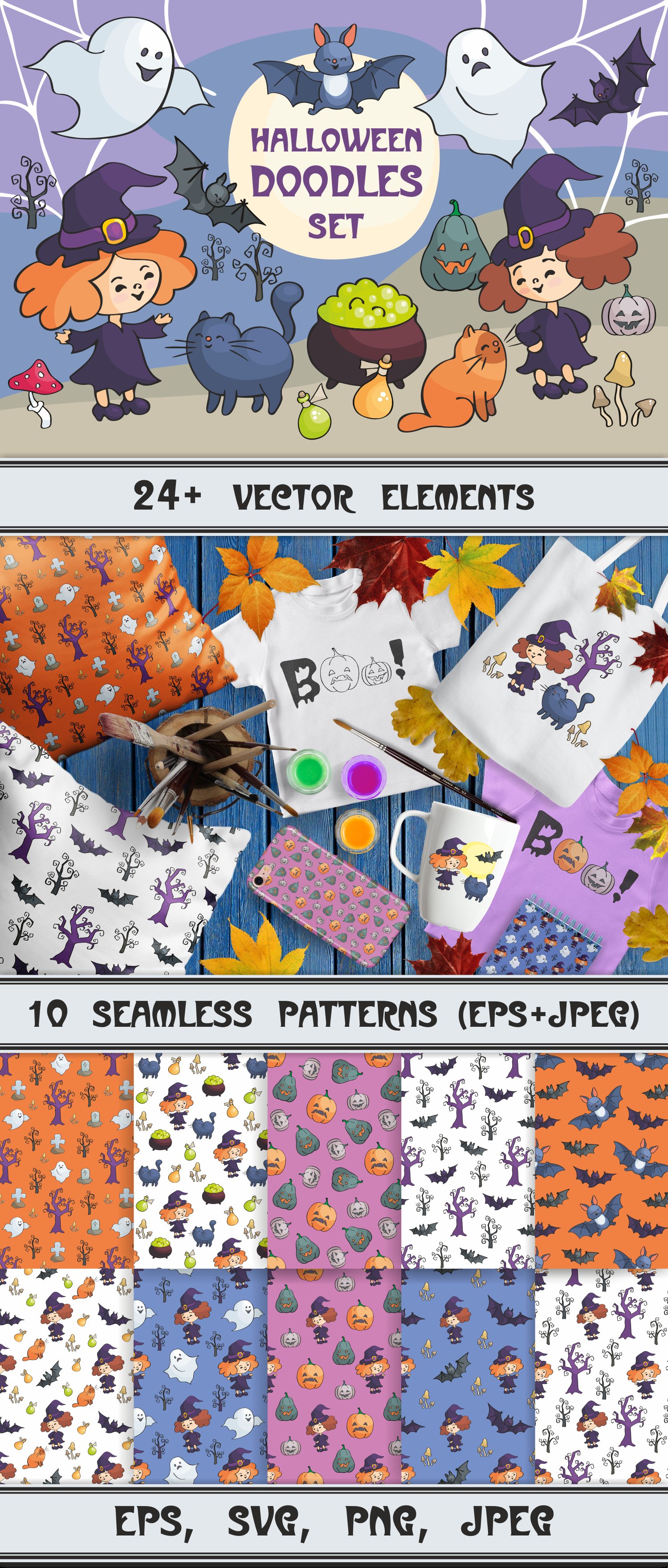 Halloween doodles set. Vector cliparts and seamless patterns