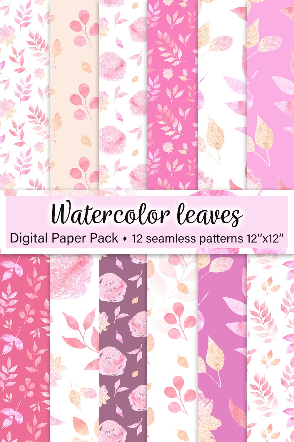 Watercolor Leaves Digital Paper, Pink Seamless Patterns