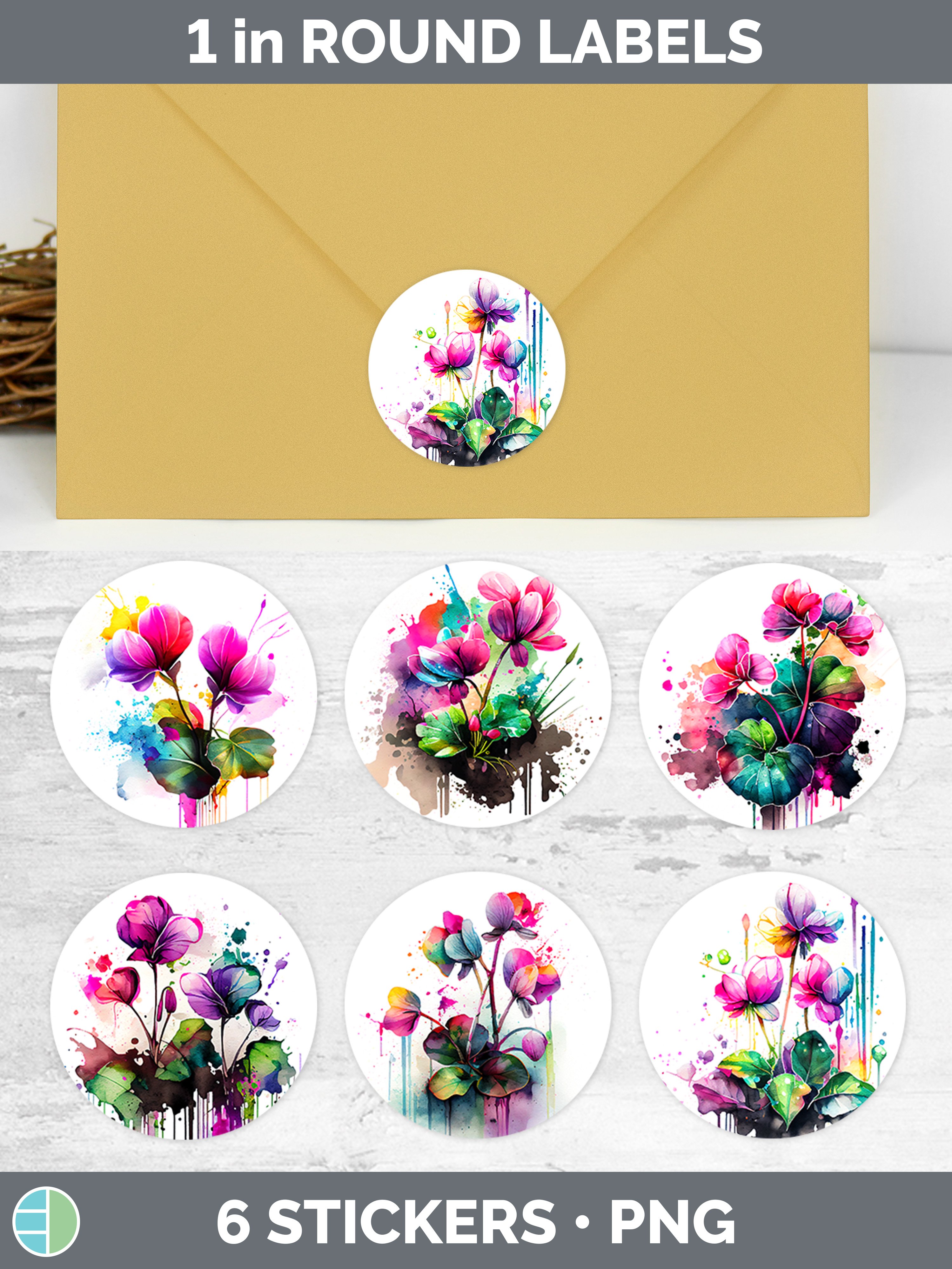 Rainbow Cyclamen Flowers Stickers | Round Labels Designs Bun