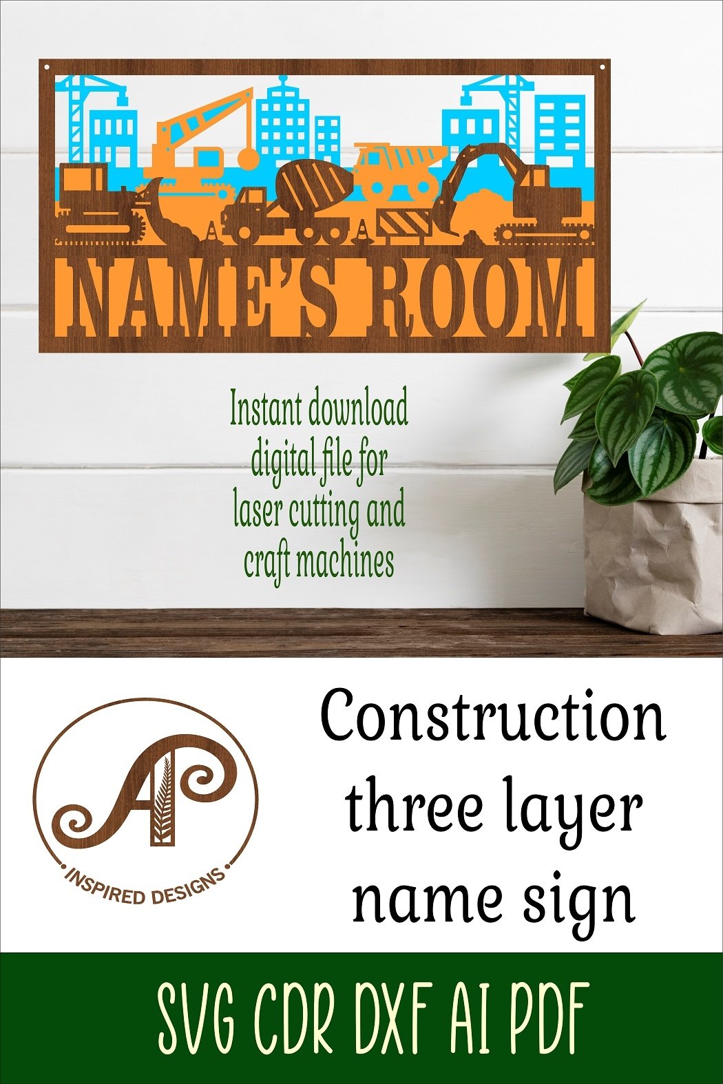 Construction scene name sign SVG 3 layer laser cut