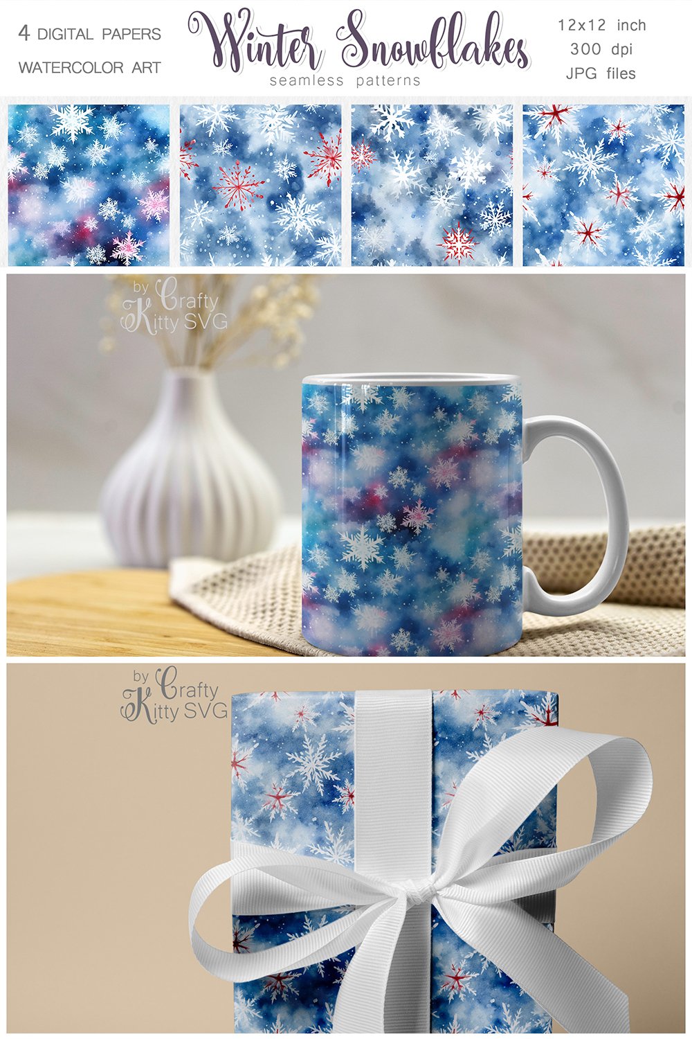 Winter Snowflake Seamless Pattern, Watercolor (2941879)