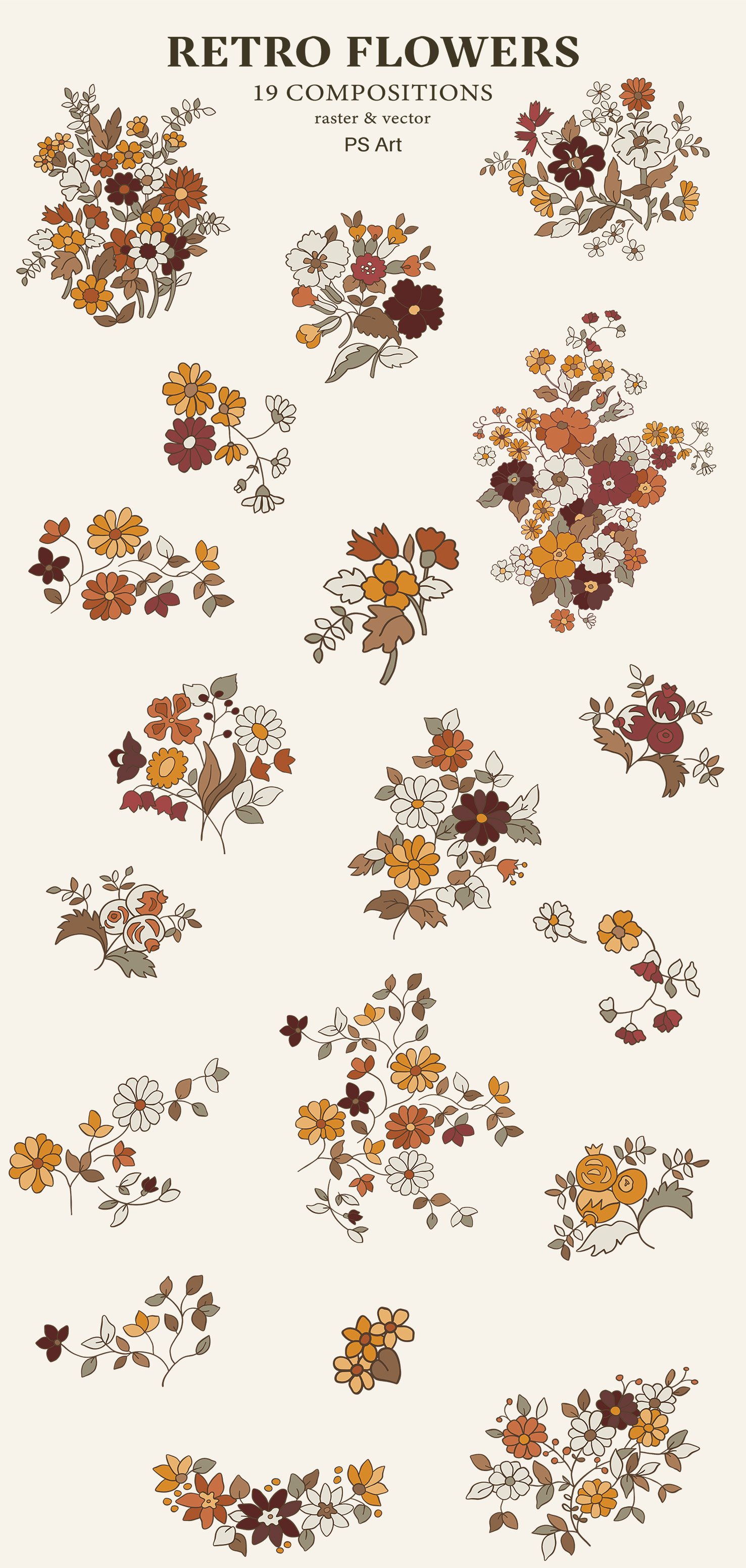 Retro Flowers Boho Floral Clipart Collection