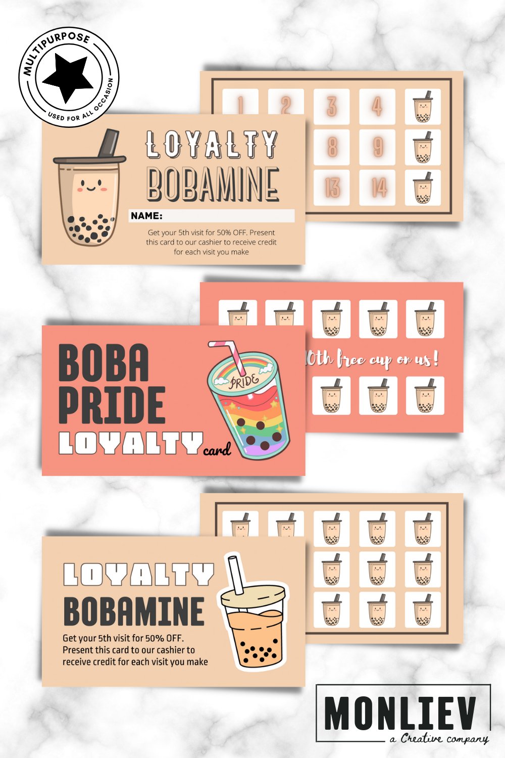 3 sets Boba Drinks & Cafe Multipurpose Business Reward Card
