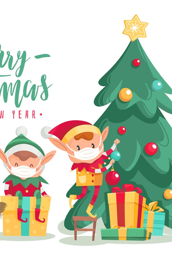 Christmas characters in masks poster. Cartoon vector elves i
