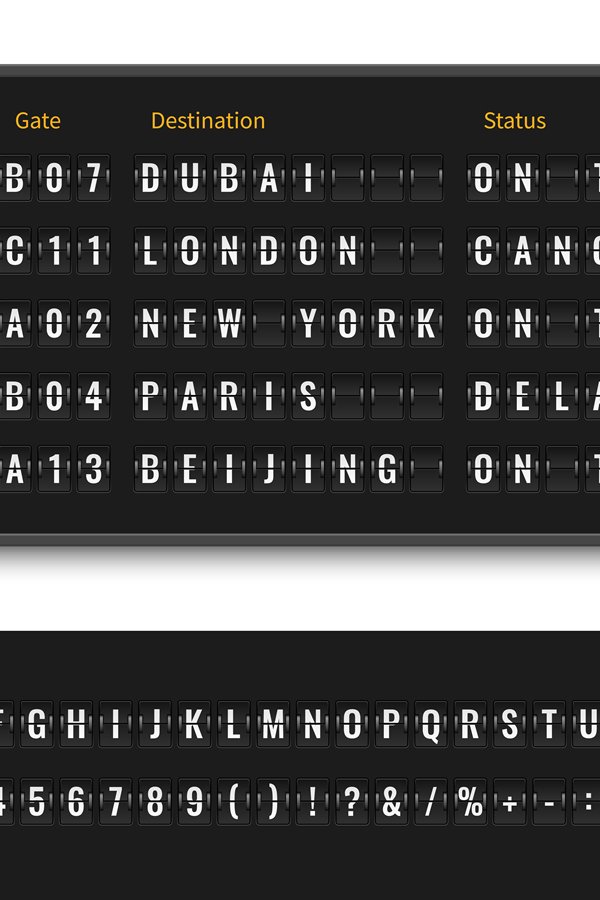 Airport board. Font alphabet info panel arrival departure di