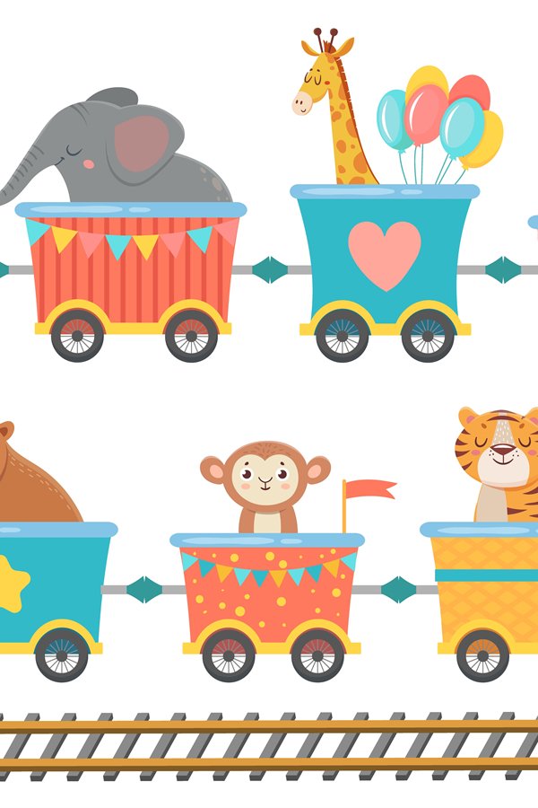 Cute animals on train. Happy animal in railroad car, little