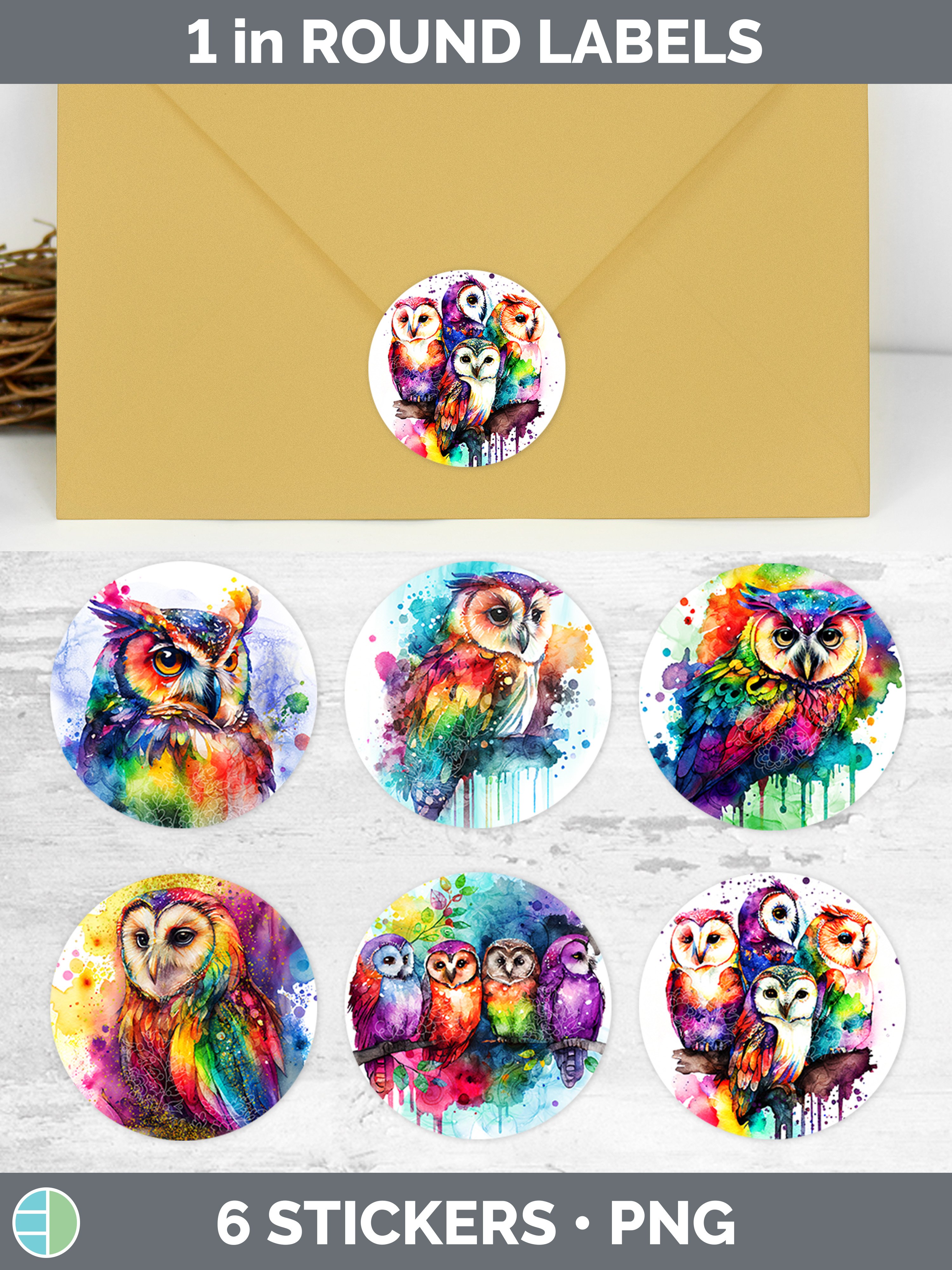Rainbow Owl Bird Stickers | Round Labels Designs Bundle