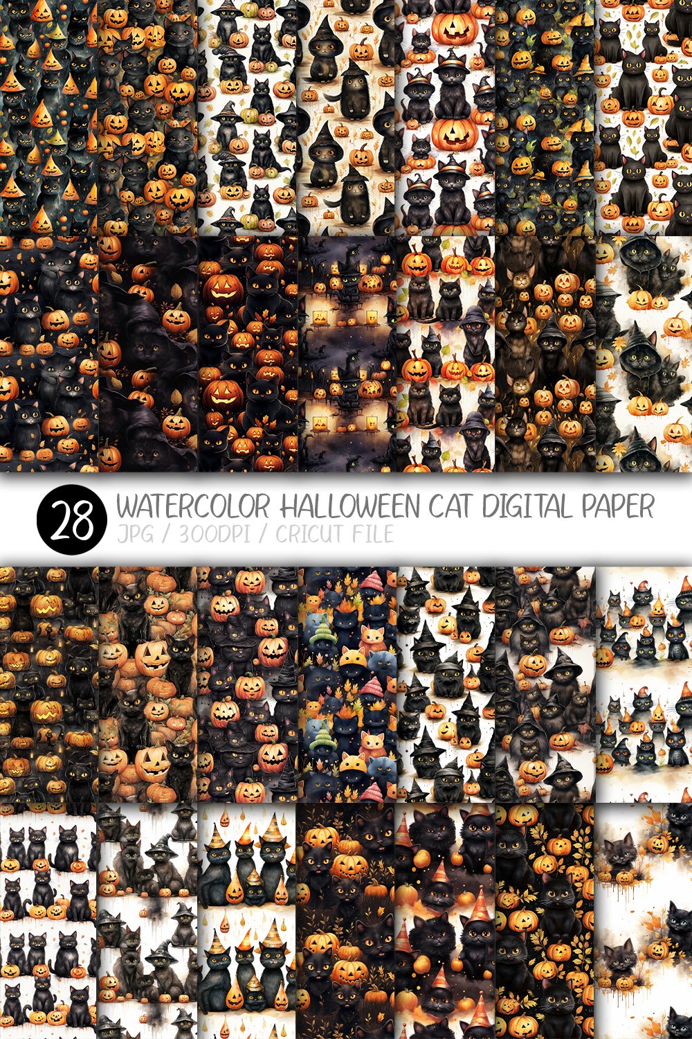 Seamless Watercolor Halloween Cat Digital Papers