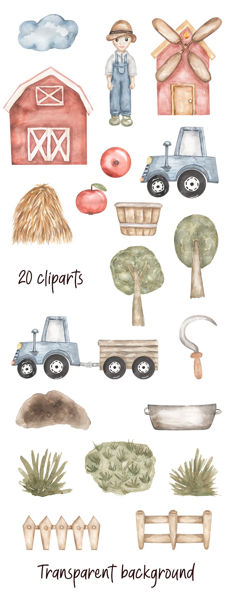 Watercolor Farm Cliparts Bundle