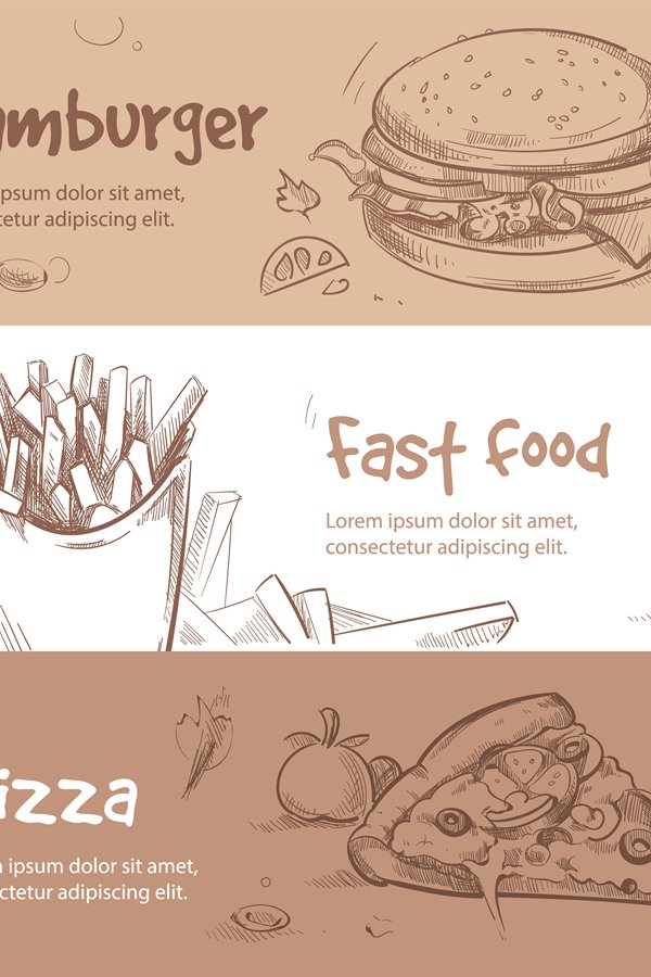 Vector banners of fast food design in hand drawn style
