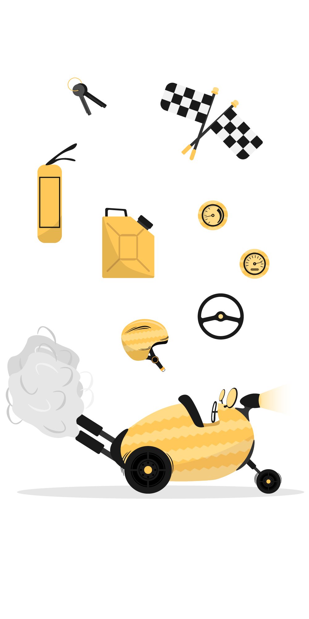 Cartoon melon car. Melon bike with racing accessories