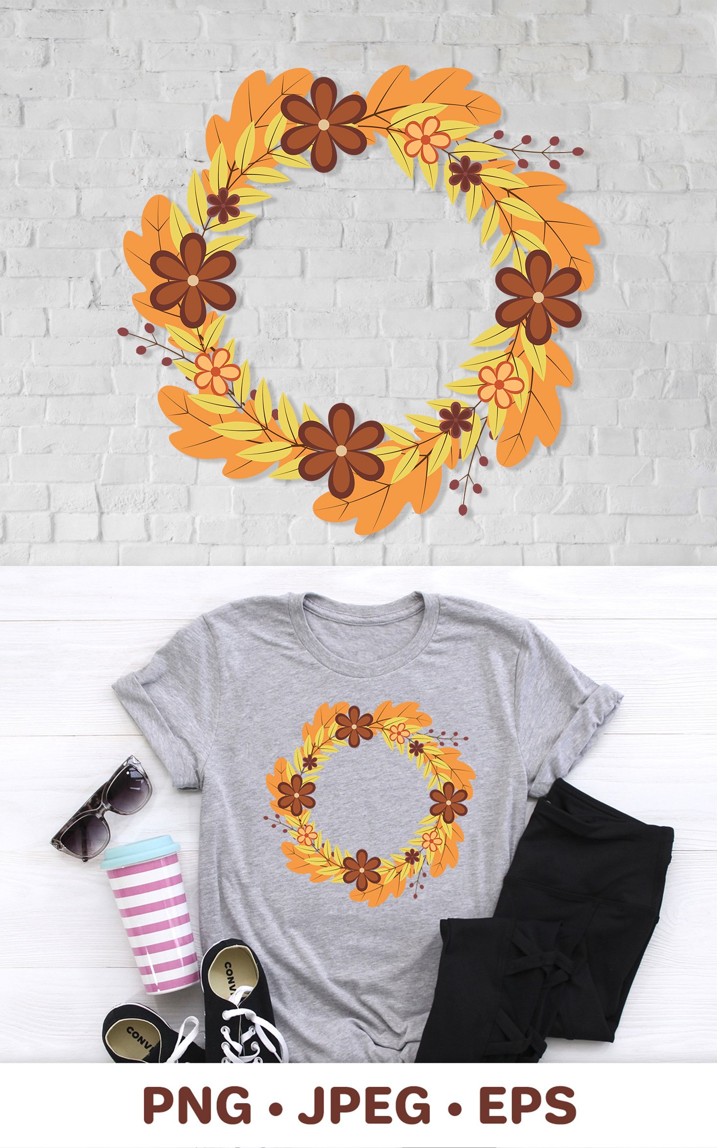 Wreath of colorful fall leaves and flowers. Autumn clipart