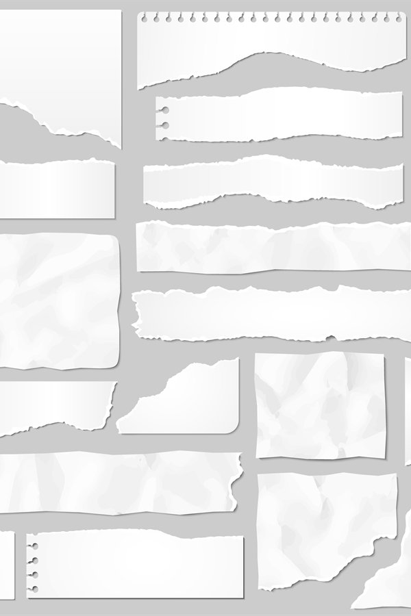 Paper scraps. Ripped papers, torn page pieces and scrapbook