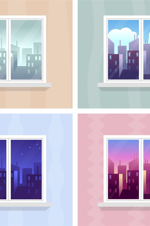 Window views. Morning, day and night cityscape, city buildin