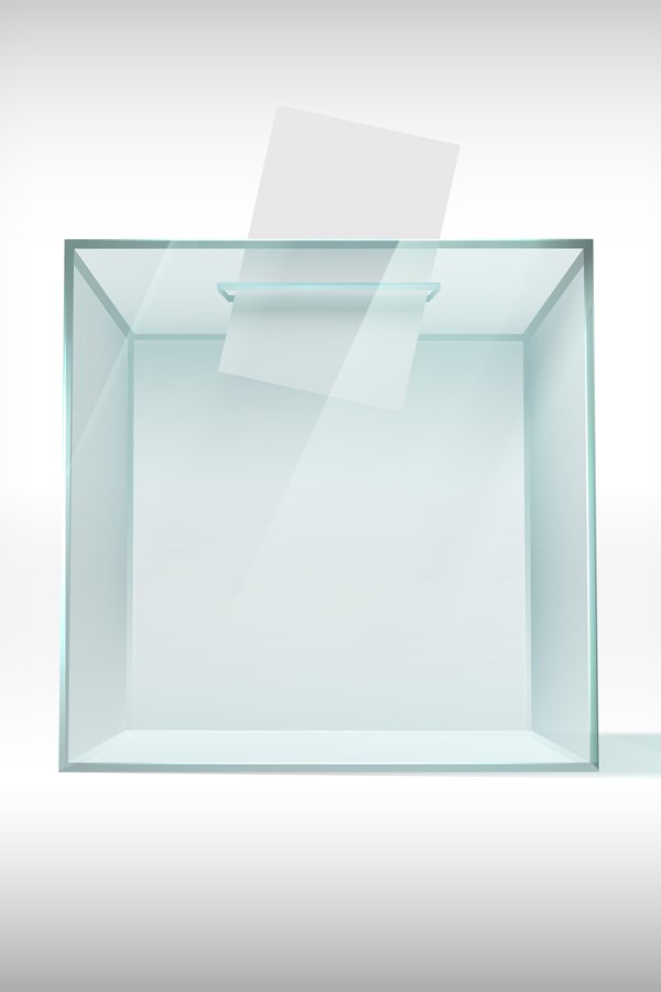 Ballot box. Glass transparent voting container with falling