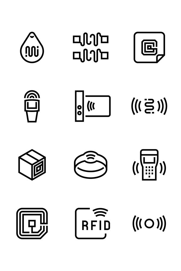 Radio tag line icons. Wireless RFID chip and radio-frequency