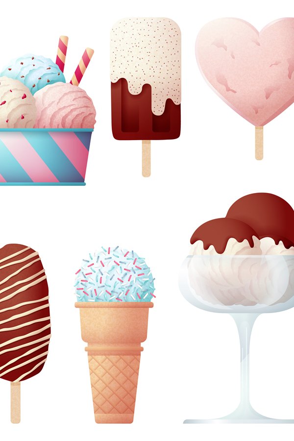 Ice cream collection. Creams objects, glace lolly and cone w
