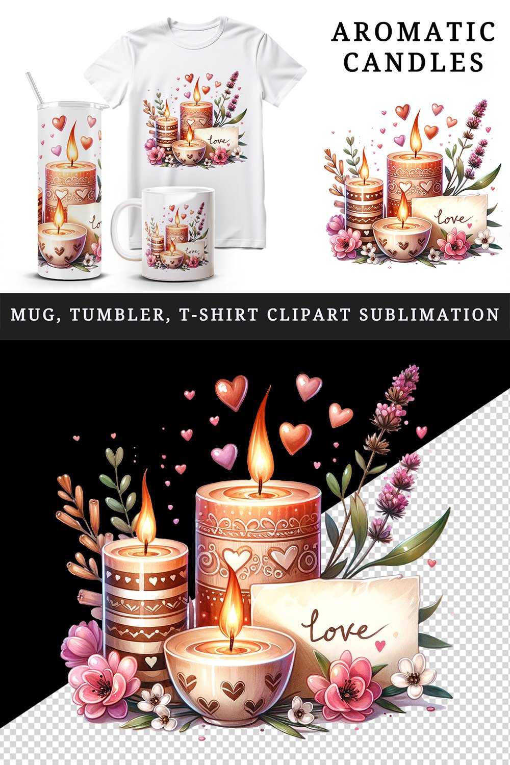 Valentine's Day candles tumbler mug wrap clipart design png