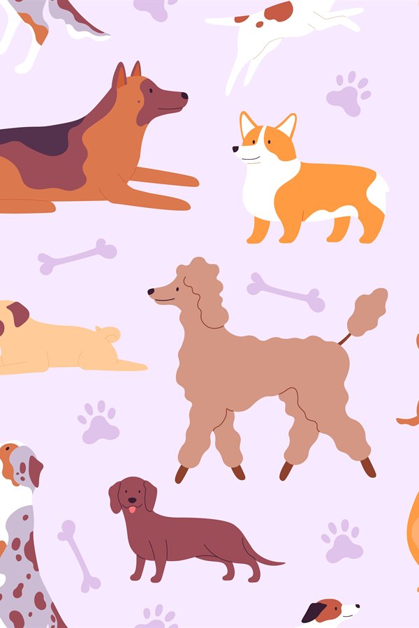 Seamless pattern with cute dogs and puppies in scandinavian