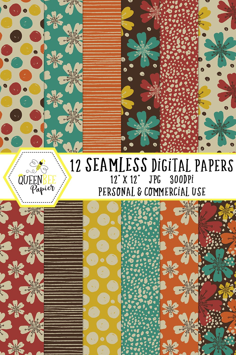 Floral Digital Paper Patterns, Flowers Backgrounds, Retro