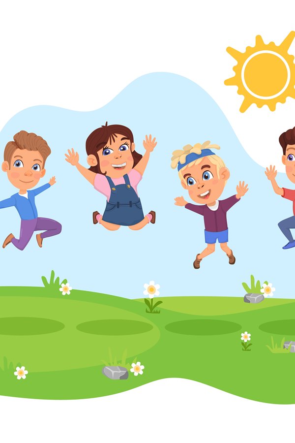 Kids jumping. Happy diverse children jump, summer activities