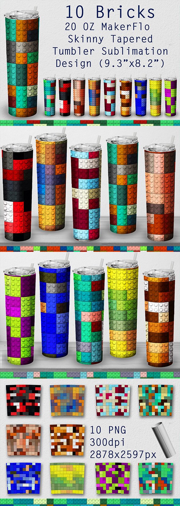 10 Tumbler Tapered 20 OZ Sublimation Brick Wrap Design