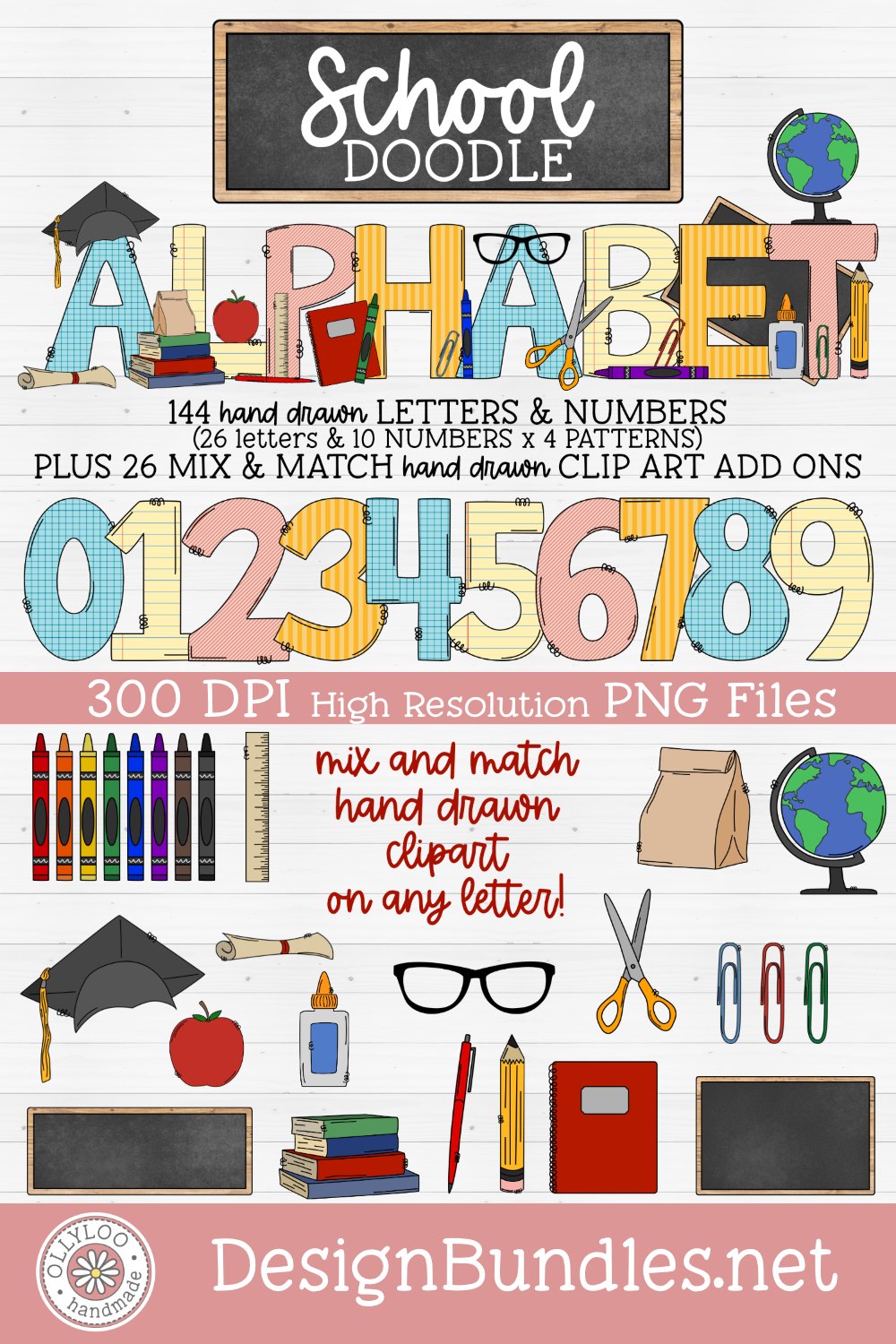 School Alphabet & Numbers Bundle with Hand Drawn Clipart