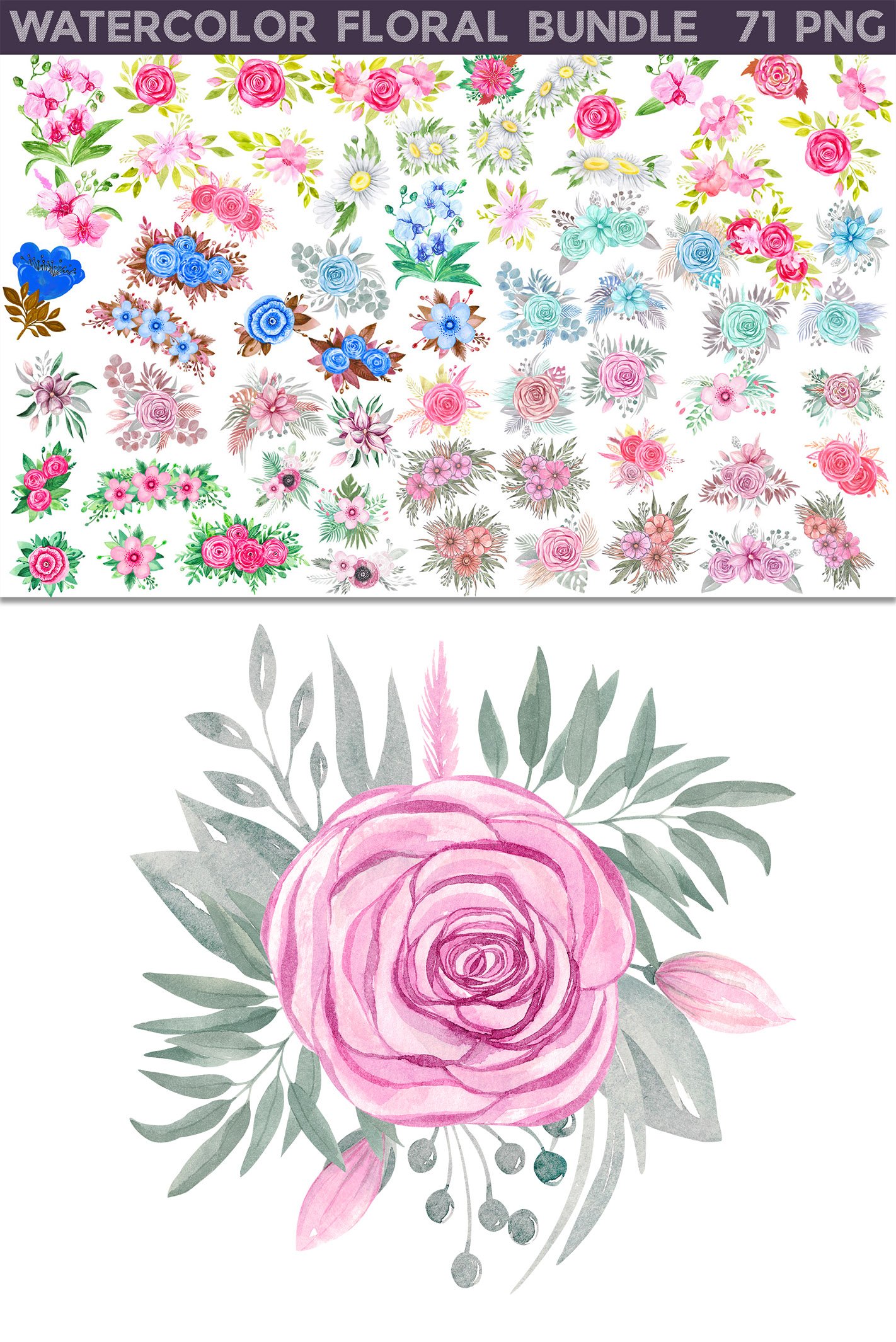 Watercolor Floral Bundle | Pink Flowers Clipart