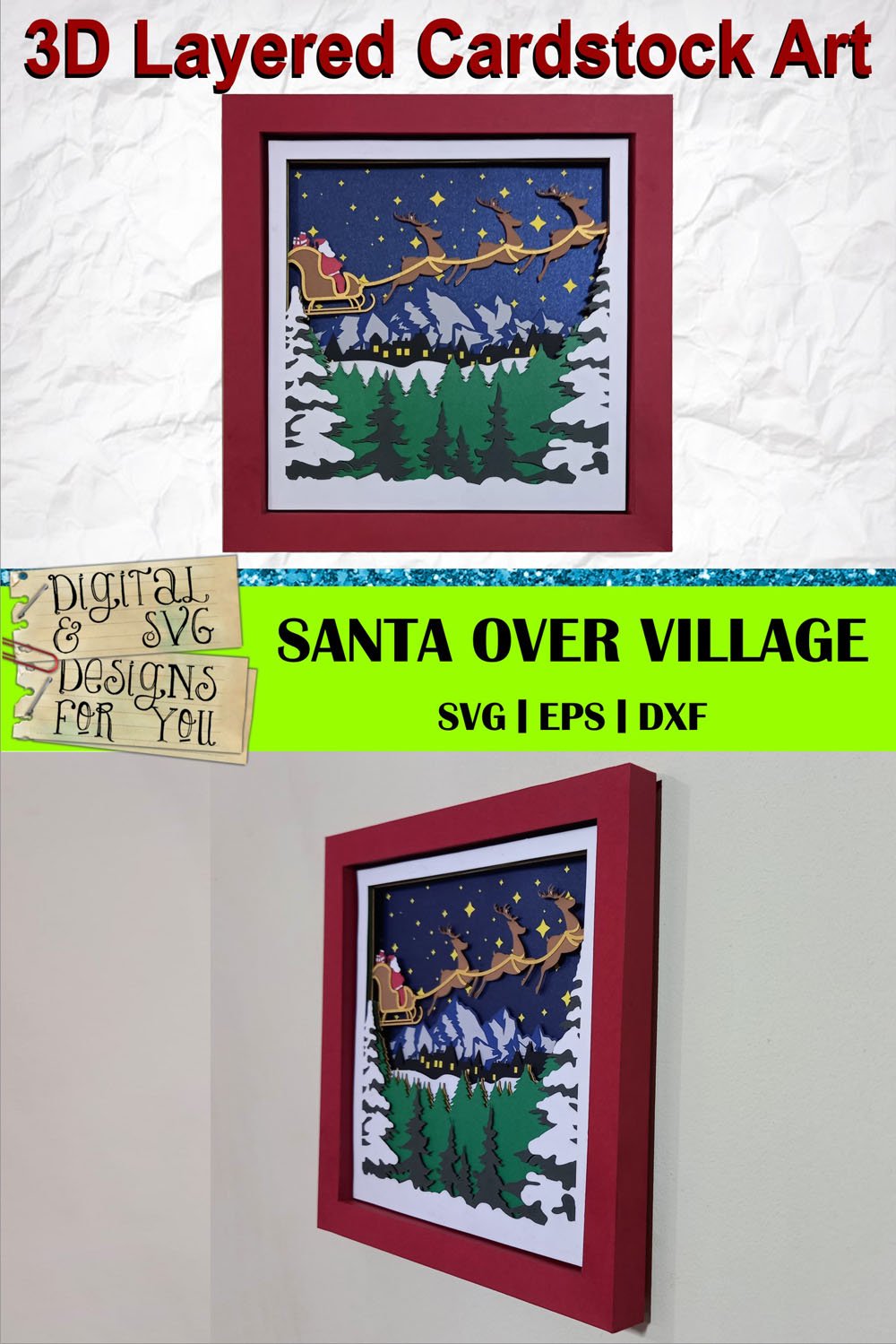 3D Santa over village SVG | Santa and reindeer svg | 3D Xmas