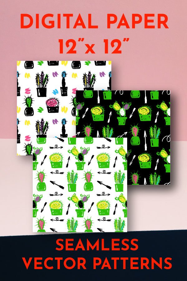 Bundle of 3 digital paper Cactus seamless pattern