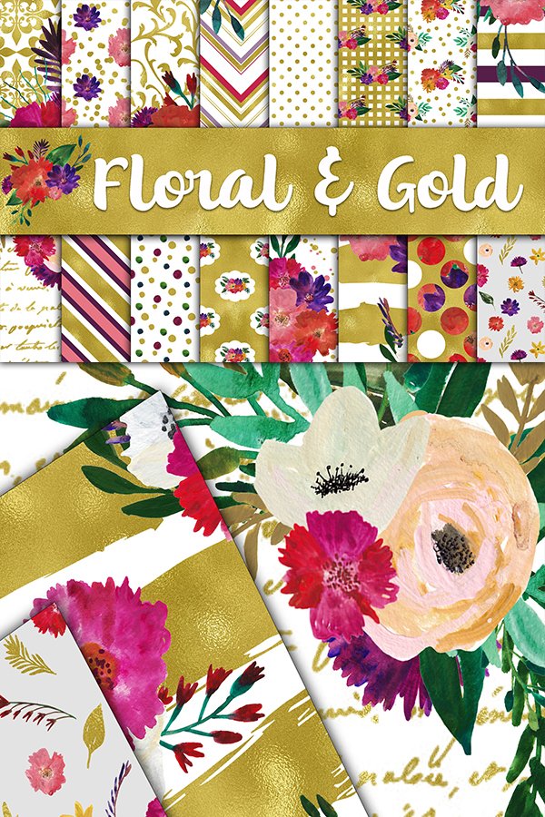 Floral and Gold Digital Papers